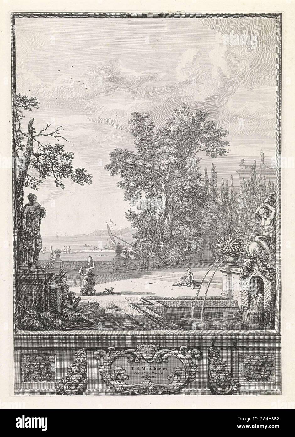 . Landscape with left the sculpture of a woman. Two figures at the base ...