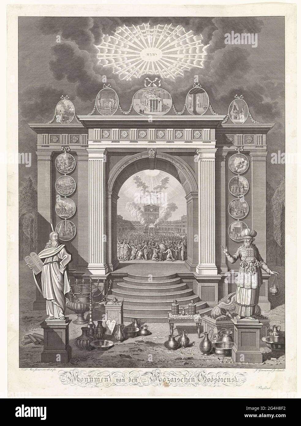 . For a monumental gate, images of Moses and Aaron are on pedestals. On ...