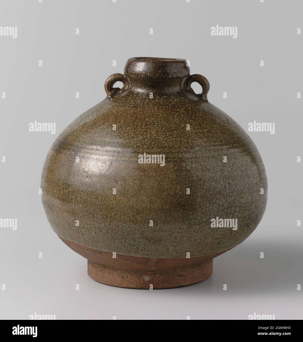 . Egg-shaped pot of stoneware with a narrow, short neck with raised ...