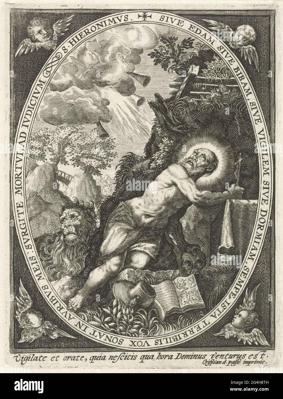 . Saint Hieronymus kneel, leaning on a skull, a crucifix in his right ...