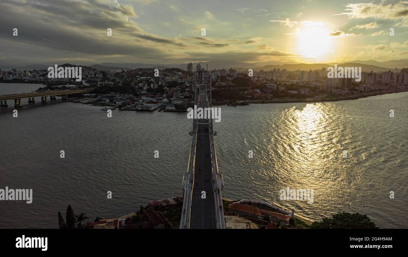 aerial photo of the Hercílio Luz Bridge on the island of Florianópolis ...