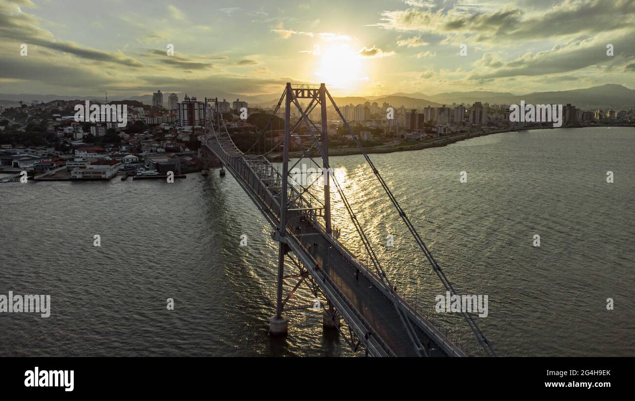 aerial photo of the Hercílio Luz Bridge on the island of Florianópolis ...