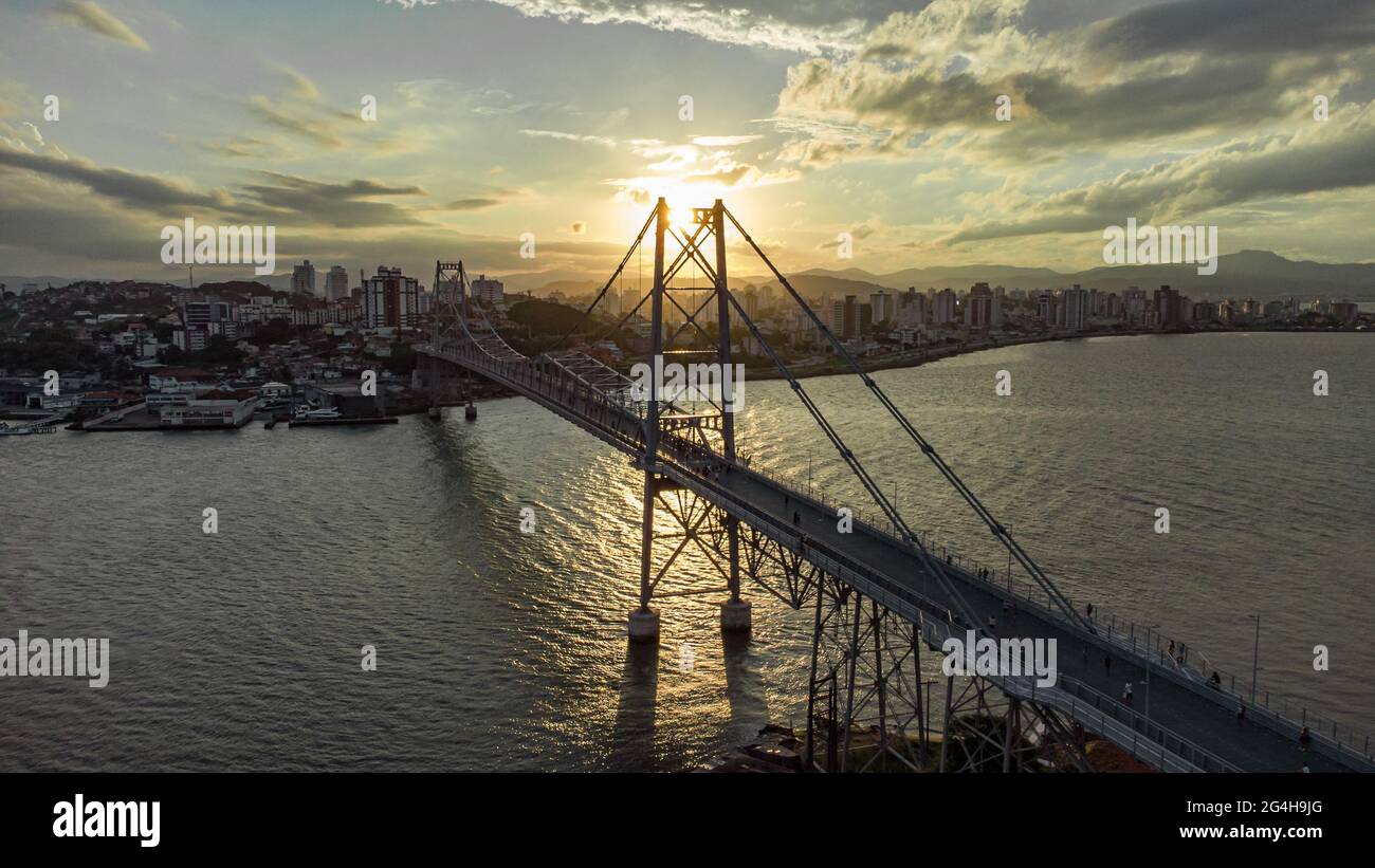 aerial photo of the Hercílio Luz Bridge on the island of Florianópolis ...
