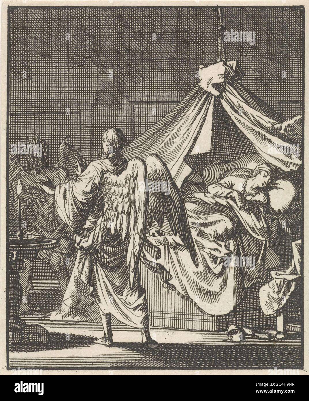 . An angel and a devil stand next to the bed of a sleeping person Stock ...