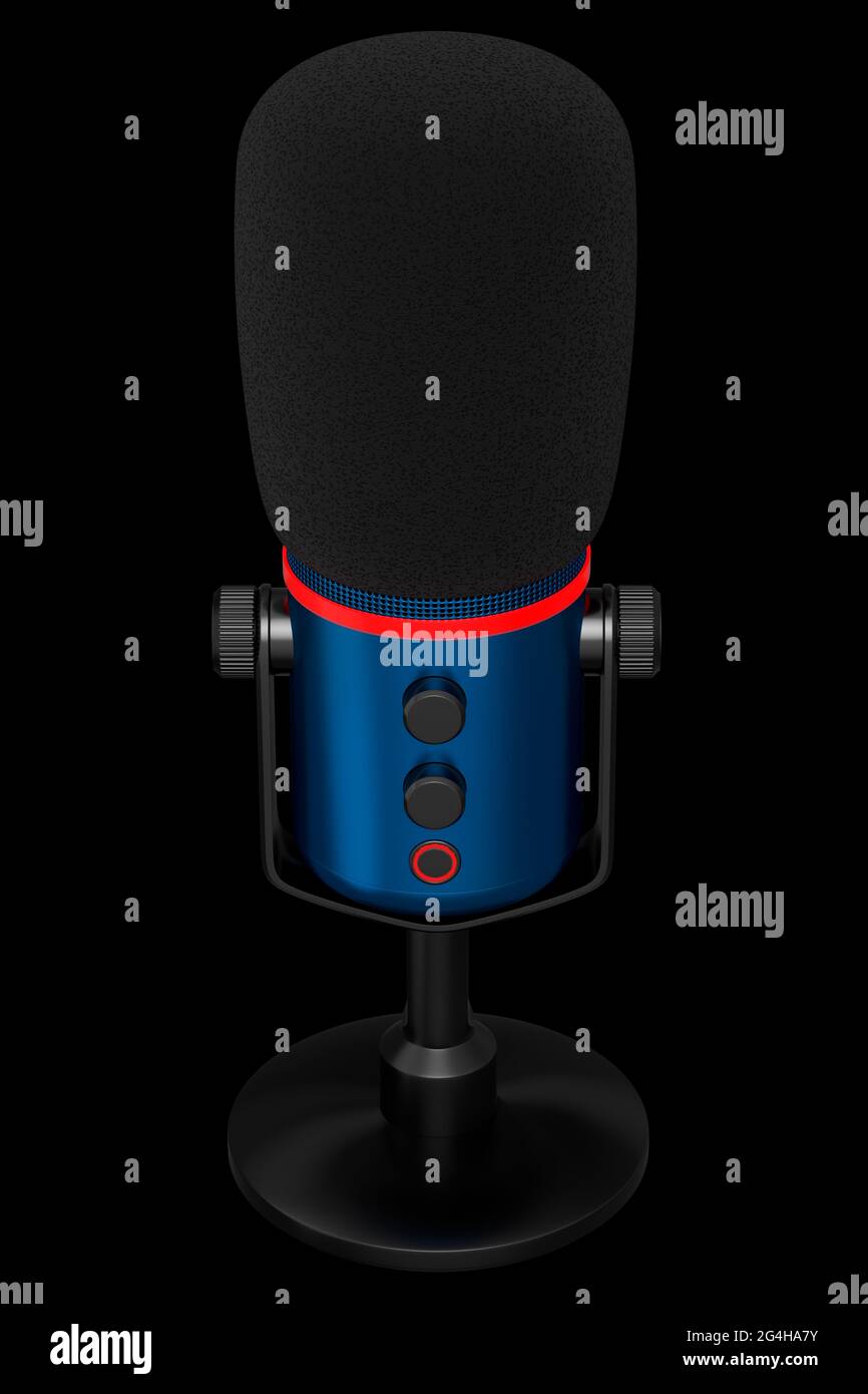 3D rendering of blue studio condenser microphone isolated on black ...