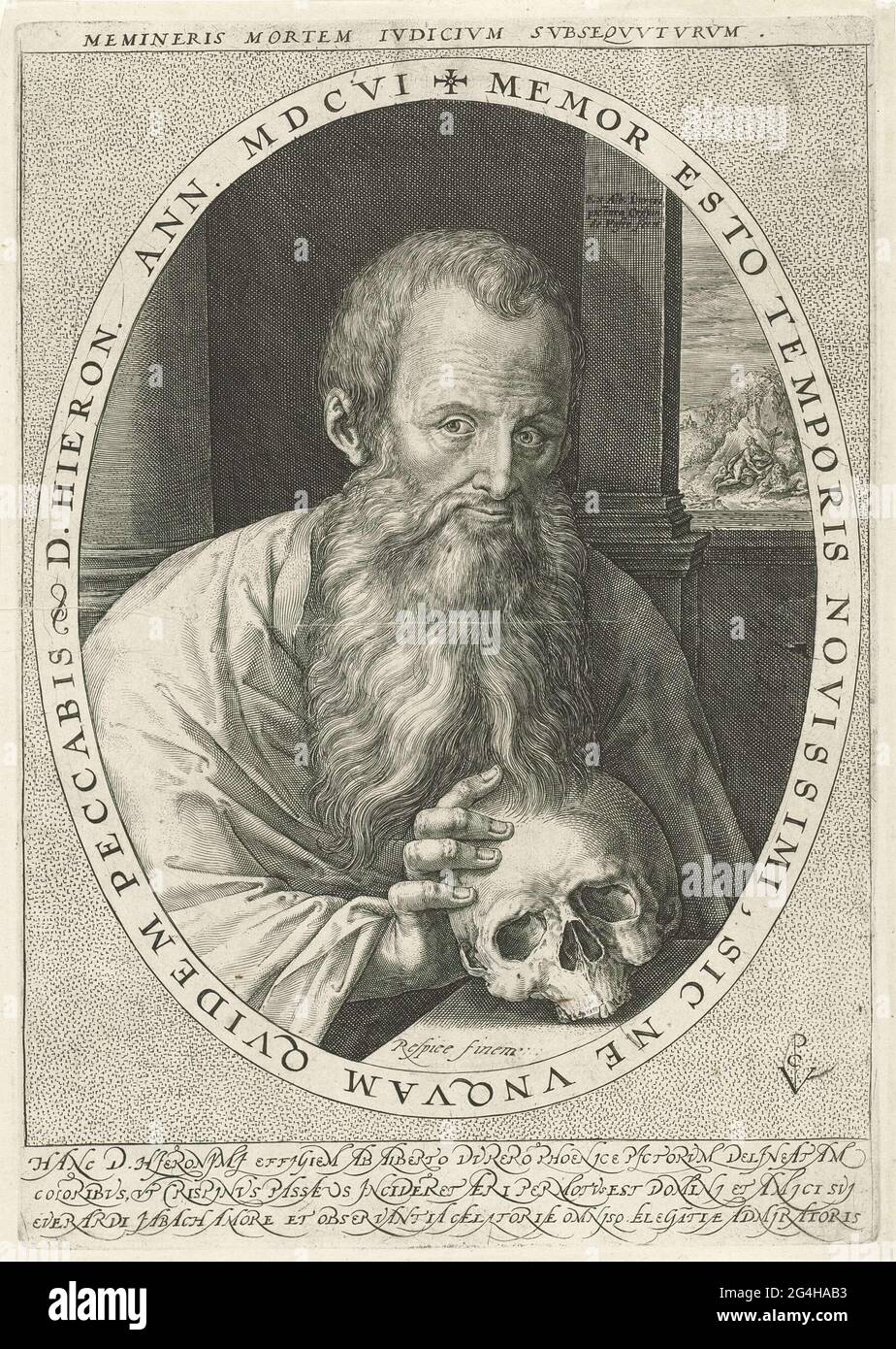 . Bust of the H. Hieronymus, leaning on a skull. In the background the ...