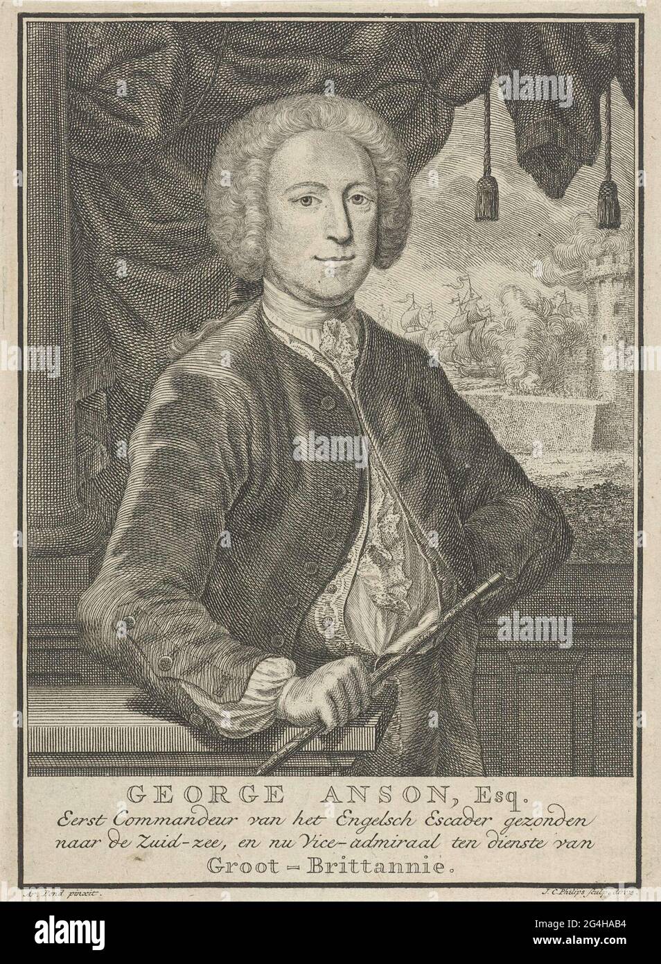 . Portrait of George Anson, English Admiral. A sea battle in the ...