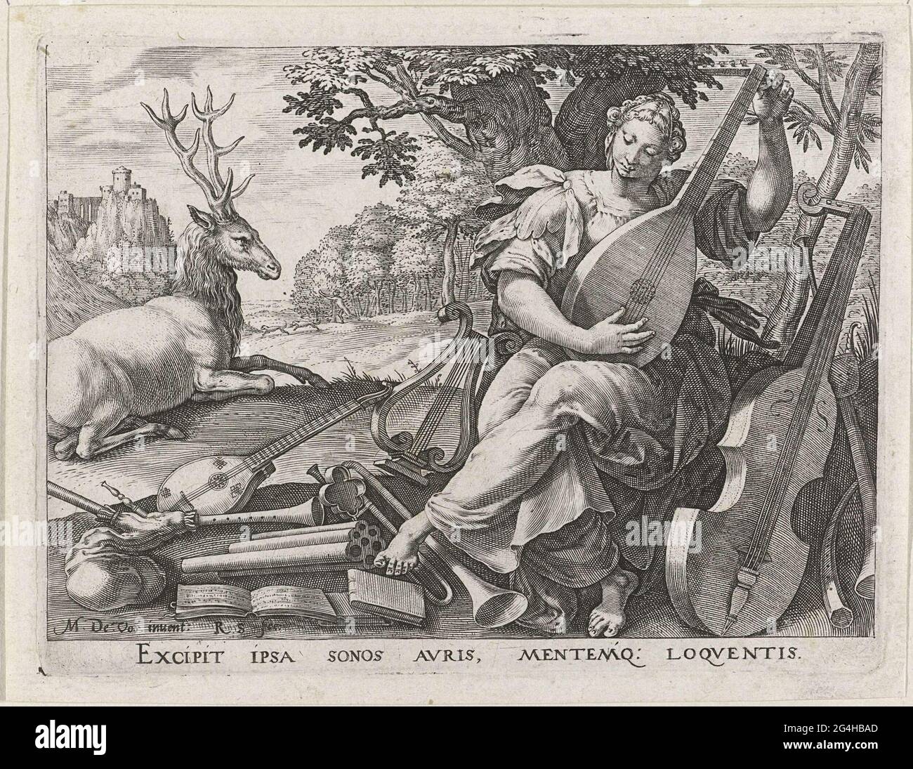 . Personification of the hearing: a woman is sitting on the floor and ...