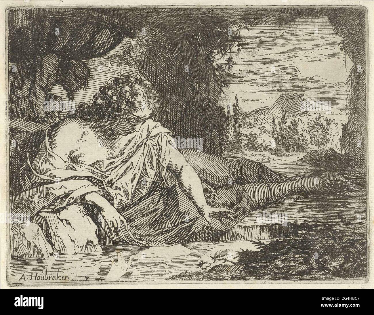 . Narcissus looks into a cave to his own reflection in the water. A ...