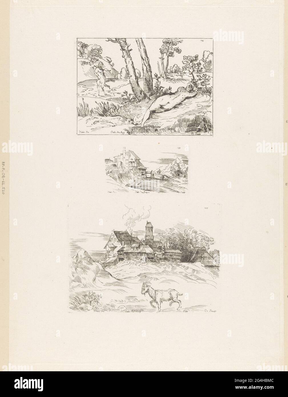 Landscape with a sleeping nymph viewed; River landscape with a bridge ...