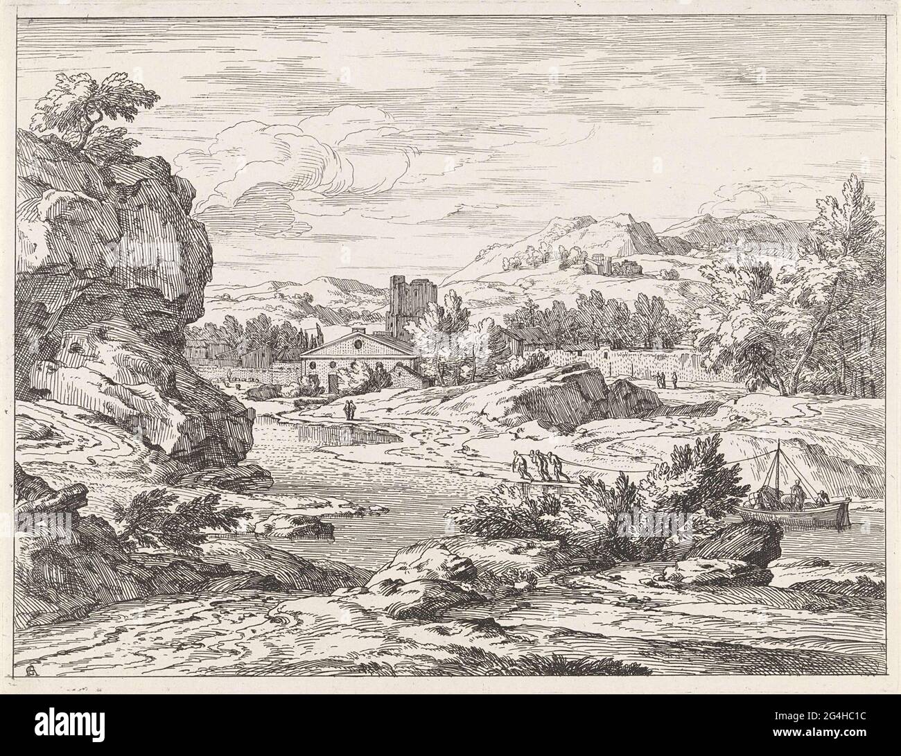 . A hilly landscape with a river. On the right in the foreground a ...