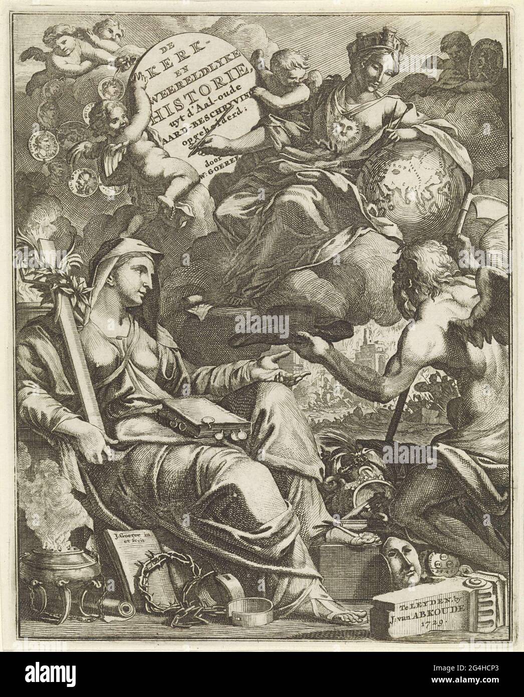 . In the clouds the personification truth. In her hands a globe and a ...