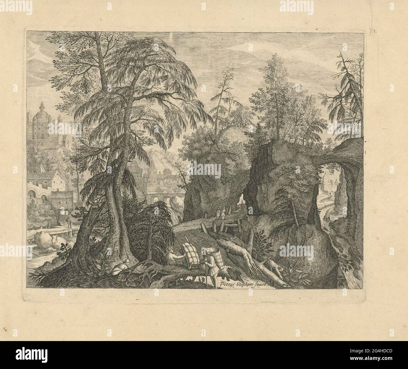 . A landscape with some travelers in the foreground. In the background ...