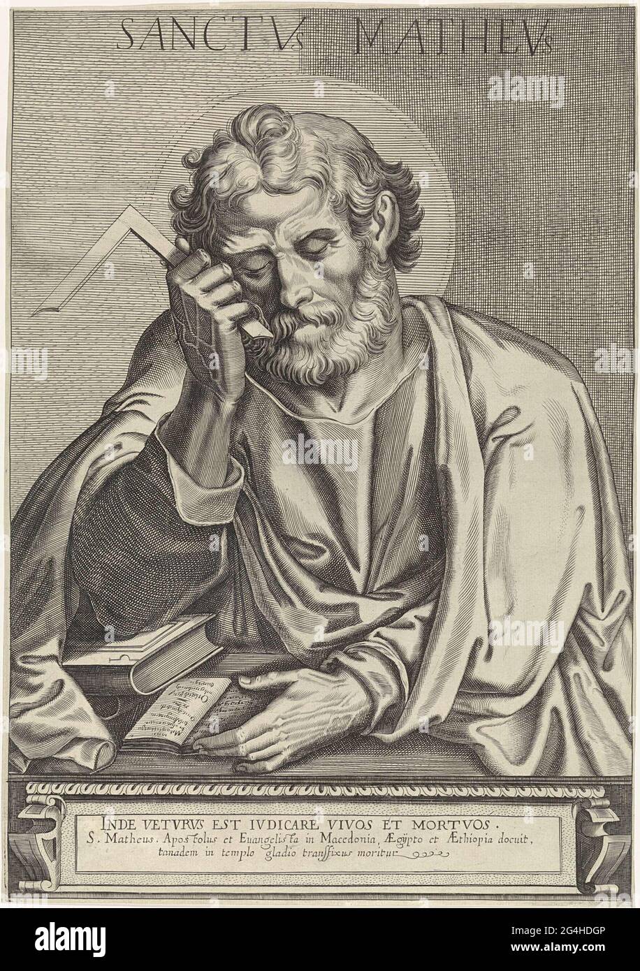 . The Apostle Matthew, reading in a book. He holds a draw instrument in ...