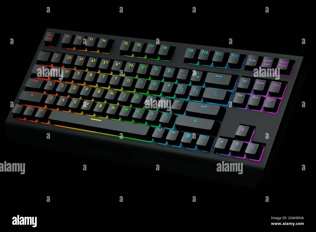 Black computer keyboard with rgb colors isolated on black background ...