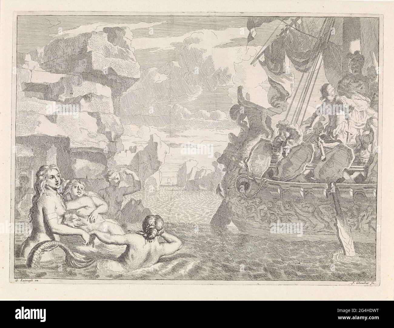 . Some sirens are on a rock in the sea. The ship of Odysseus passes ...