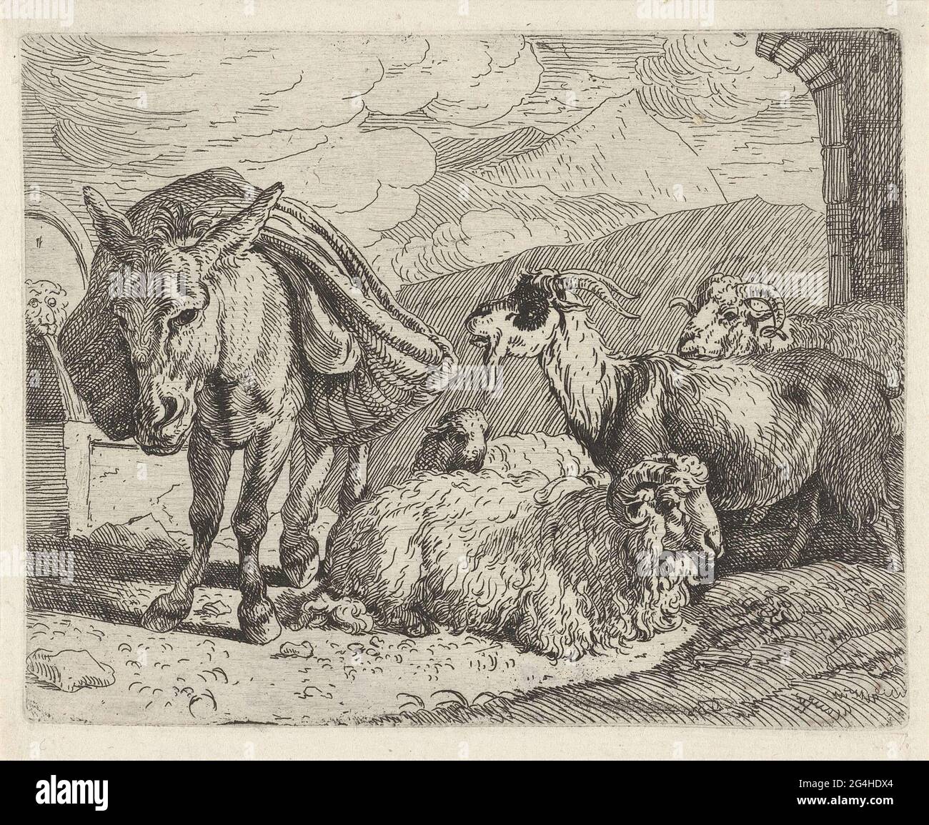 . A donkey, three sheep and a goat in a landscape. The print is part of ...