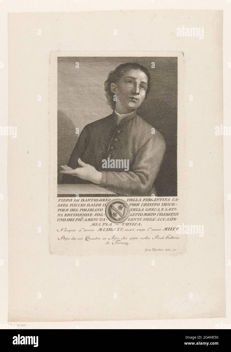 Portrait of Humanist Pietro del Riccio Baldi. Under the portrait a text ...