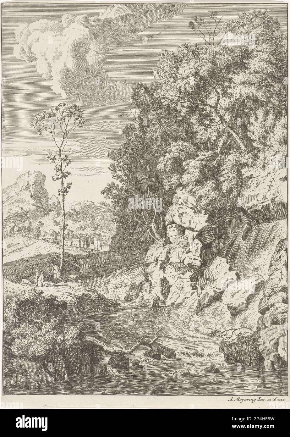 . Landscape with a stream and right a rock wall with a waterfall. Left ...