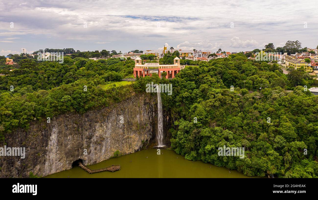 aerial photo of Tanguá park in Curitiba Paraná with waterfall and lake ...