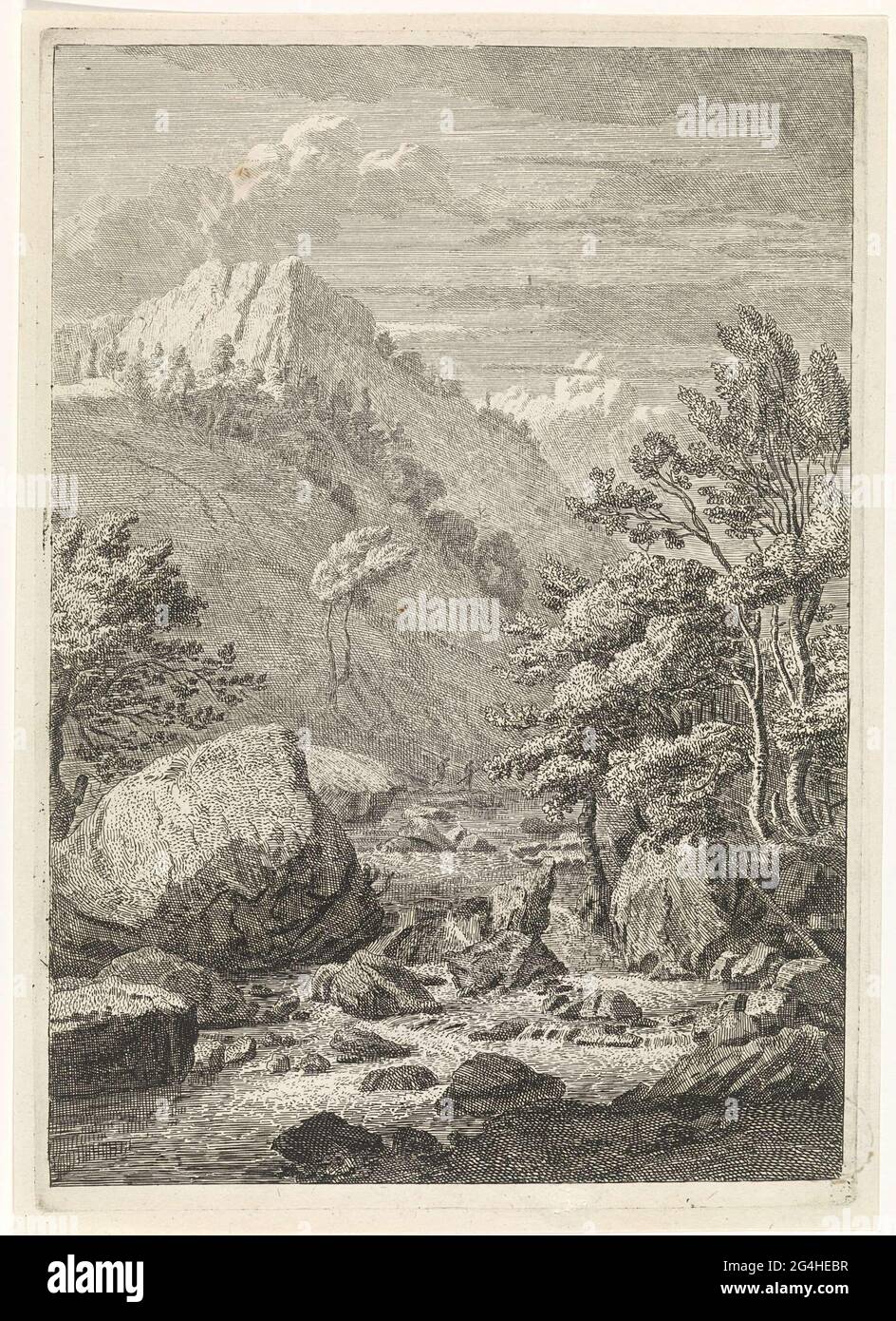 . Landscape with a ravine, a small waterfall and a few trees. In the ...
