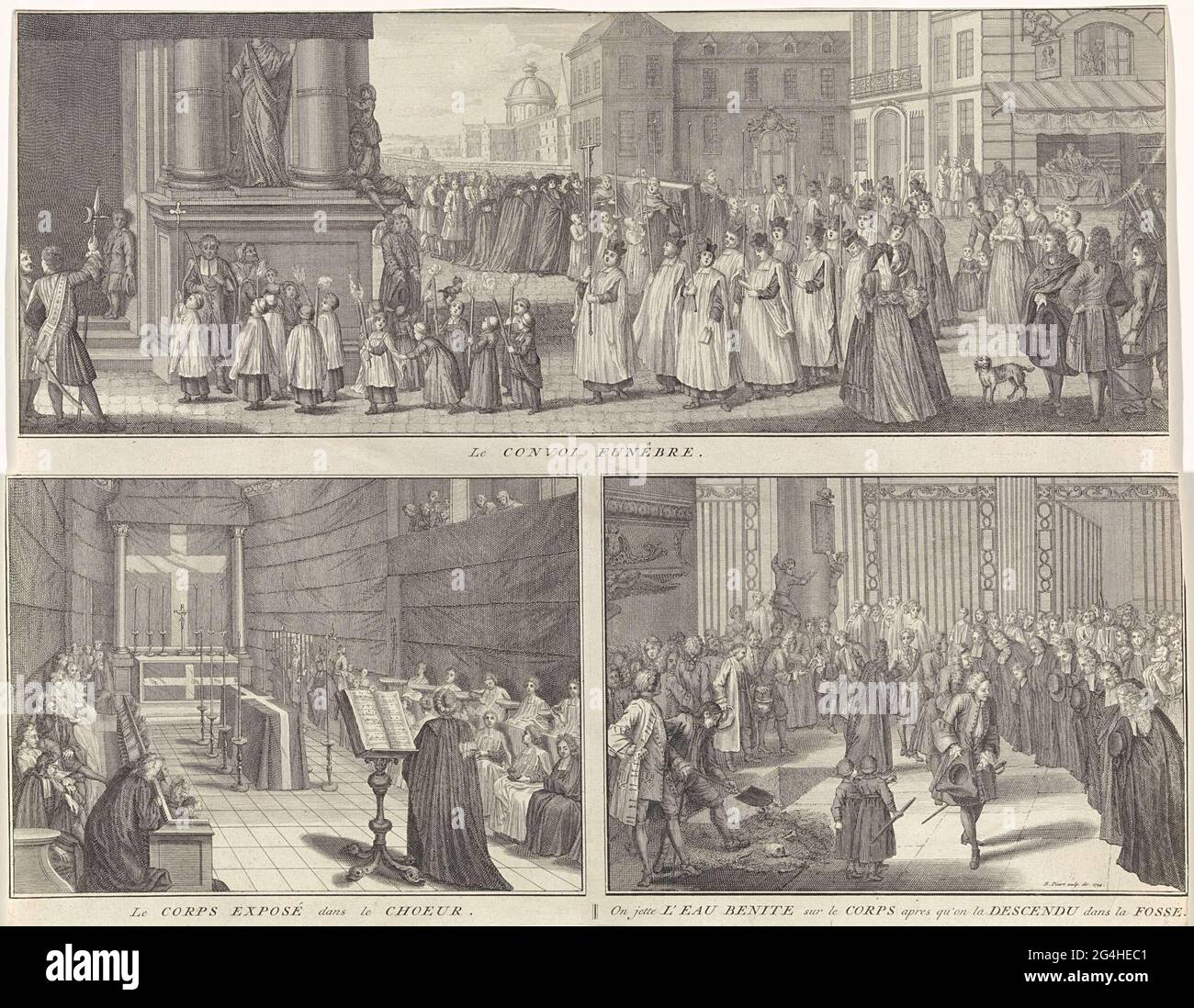 . Sheet with three performances of a Roman Catholic funeral. Upstairs ...