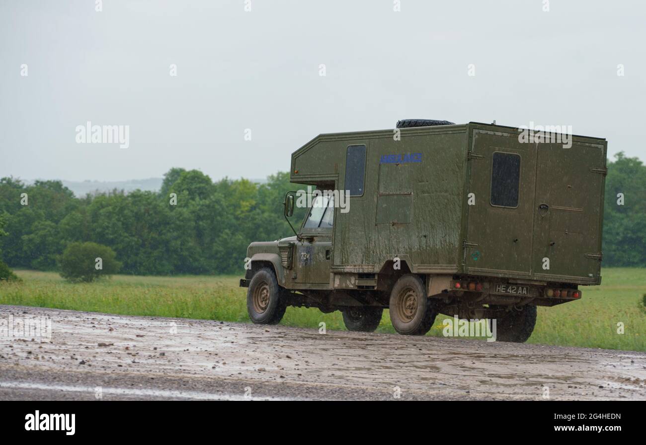 a British army Defender 130 Battle Field Ambulance in action on a ...