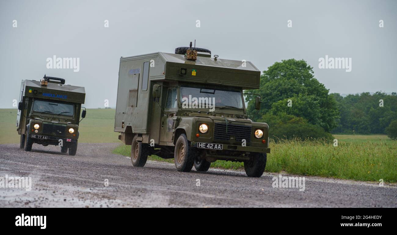 British army Defender 130 Battle Field Ambulances in action on a ...