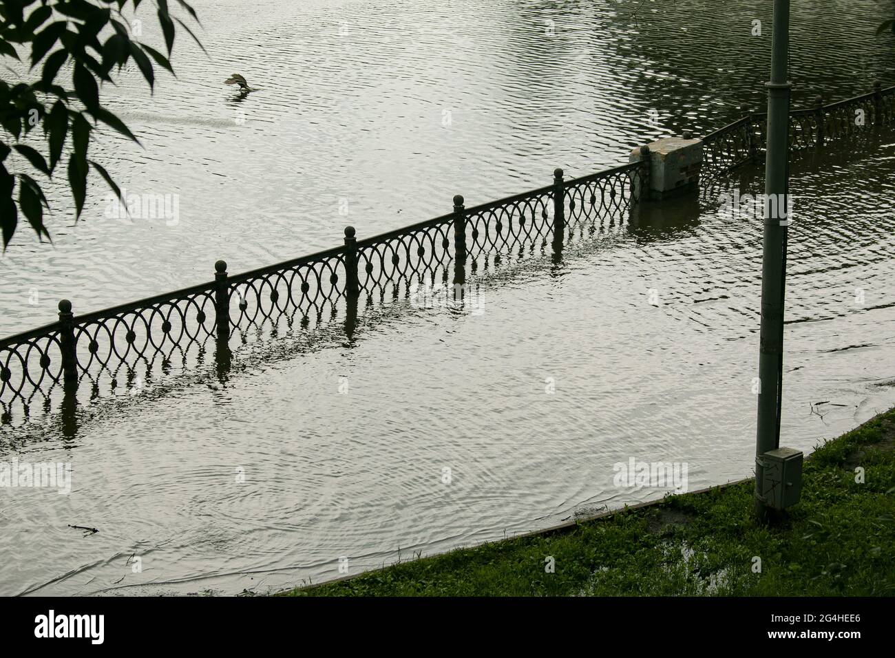 Public park drenched in rain. Water logged park.Wet benches. Park ...