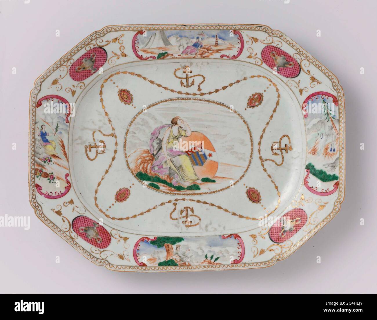 . Elongated, octagonal dish of porcelain with squeezed corners, painted ...