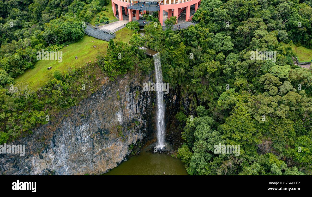 aerial photo of Tanguá park in Curitiba Paraná with waterfall and lake ...