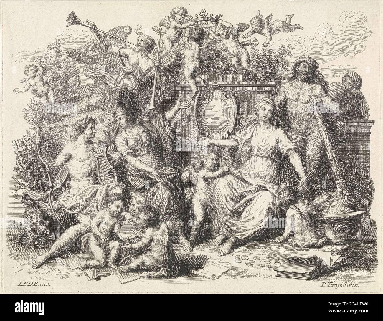 . Apollo with his winch, Minerva, justice and Hercules are around a ...