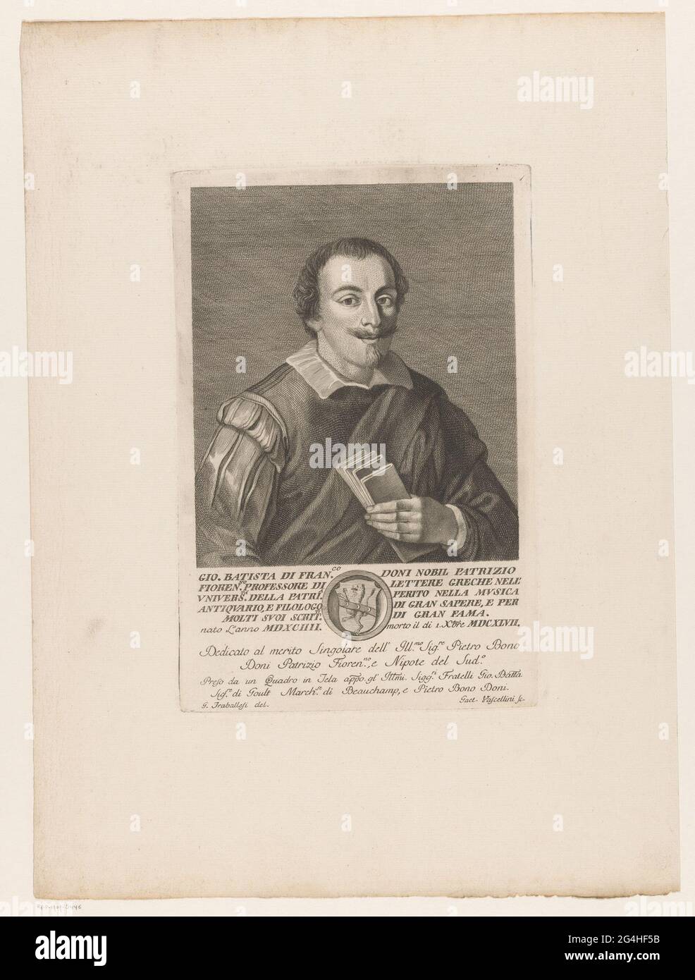 Portrait of music theater giovanni battista doni. Under the portrait a ...