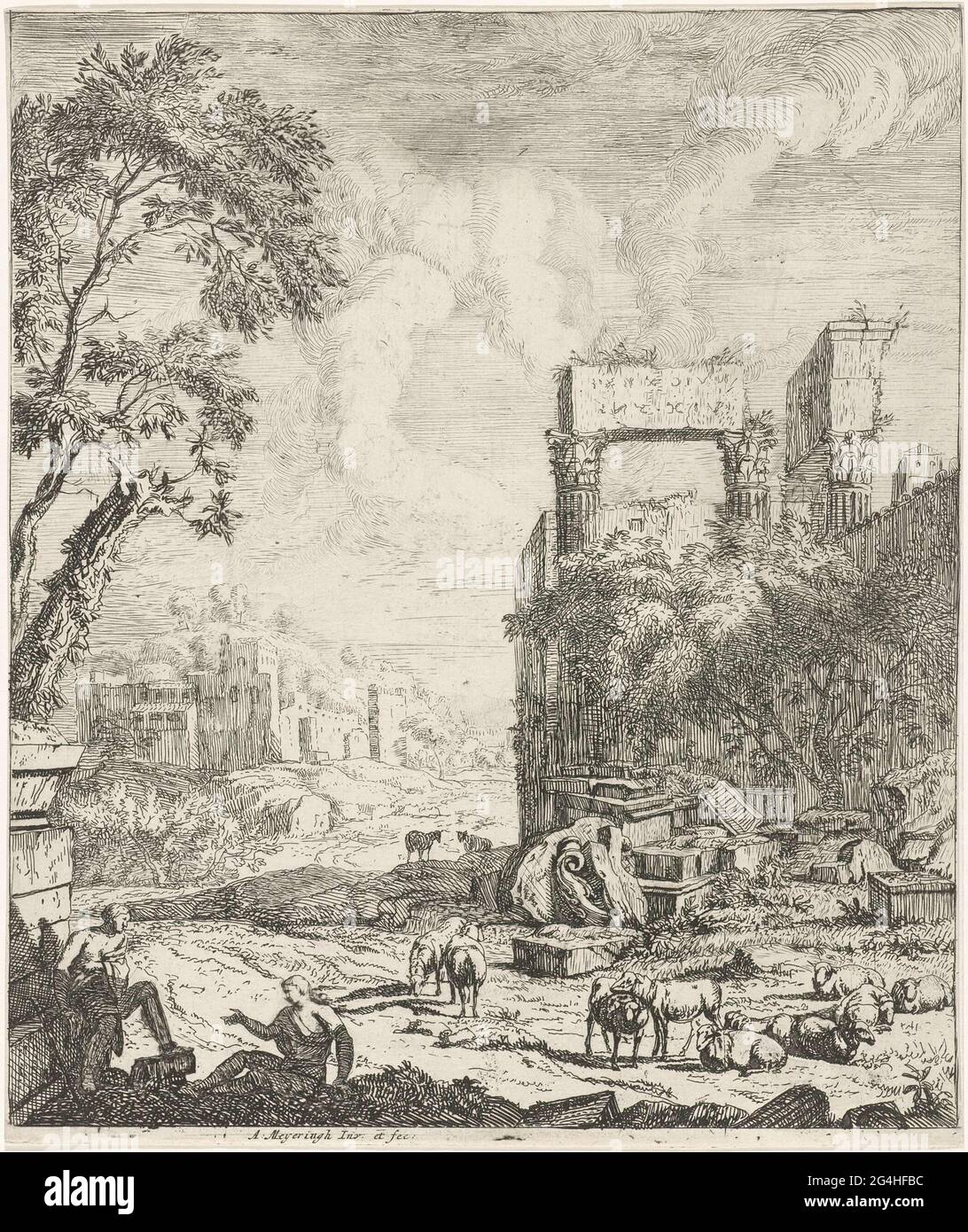 . Landscape with two shepherds and their herd of sheep at Roman ruins ...
