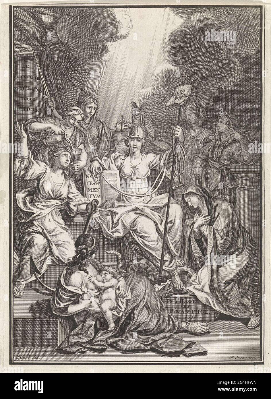 . Moderation, with knitting and banner, sits on a stone and leans with ...