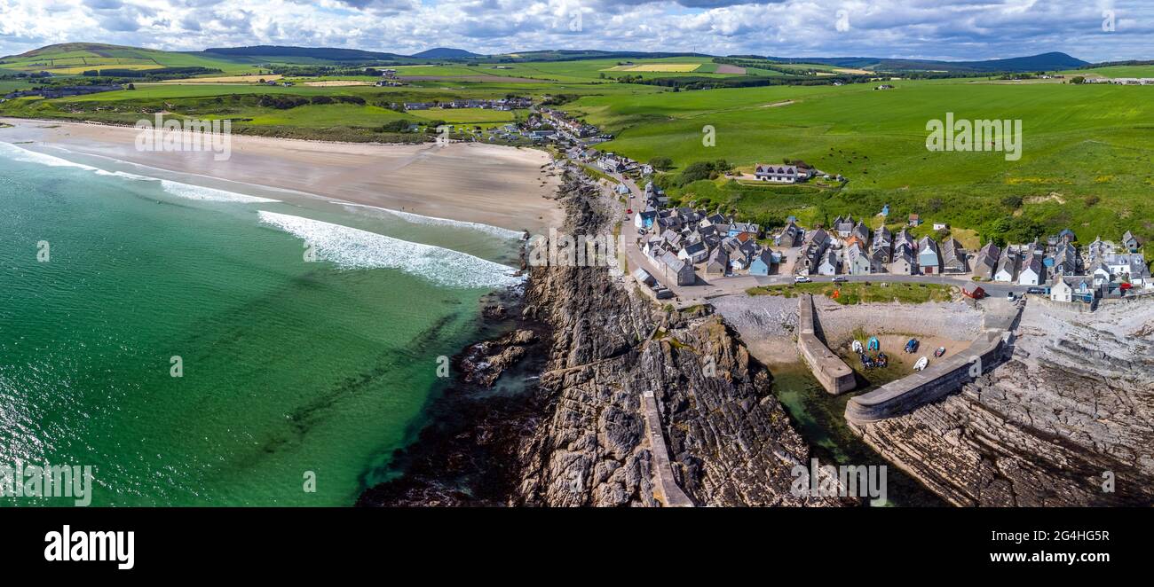 Aerial view from drone of village of Sandend on Moray Firth in ...