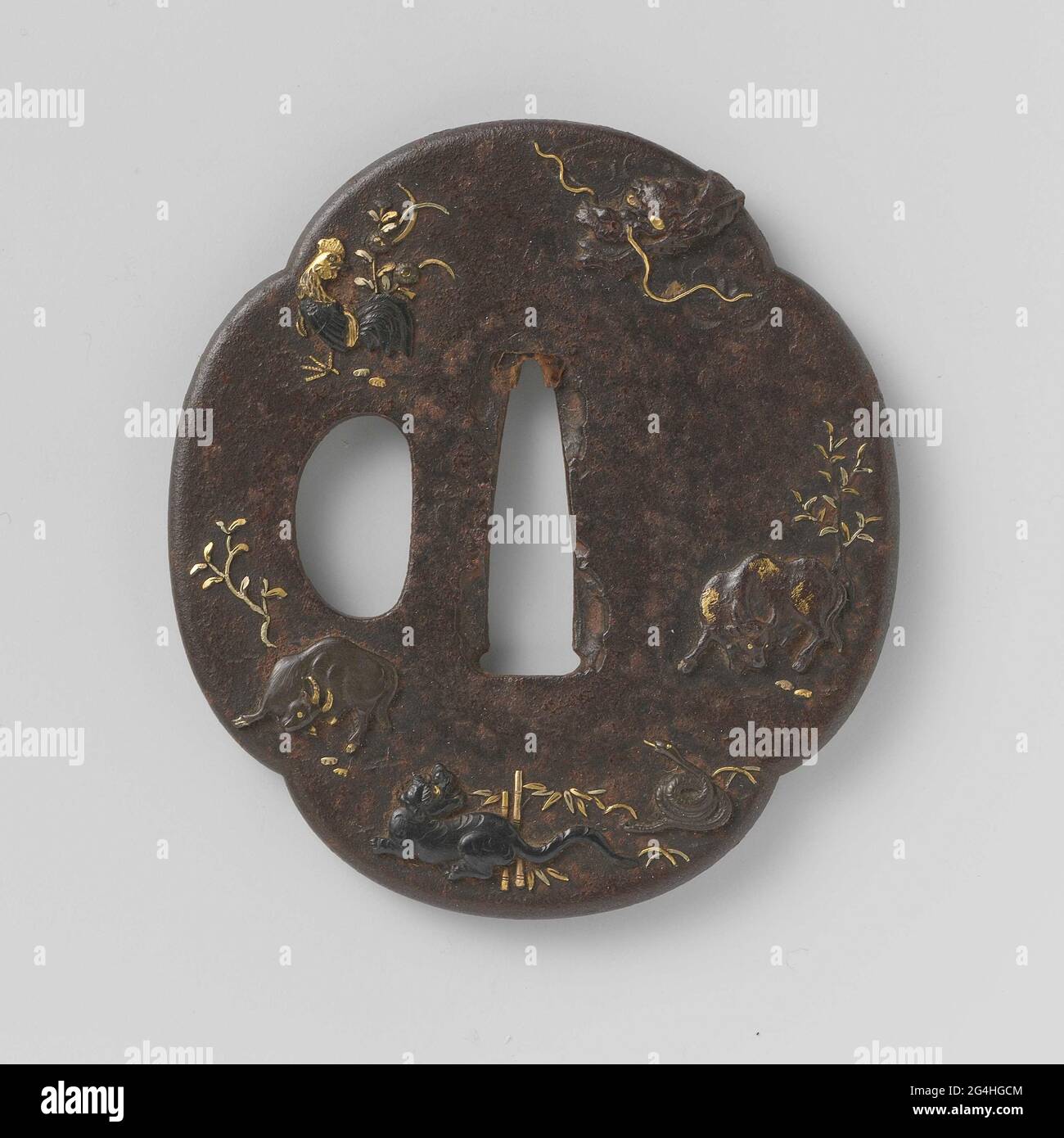 . Mokko-shaped tsuba with the twelve animals of the Zodiac in Iroe-Taka ...