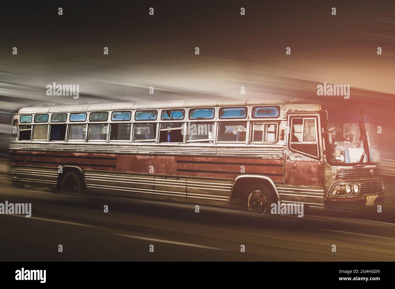 Vintage bus going fast on the highway with motion blur background Stock ...