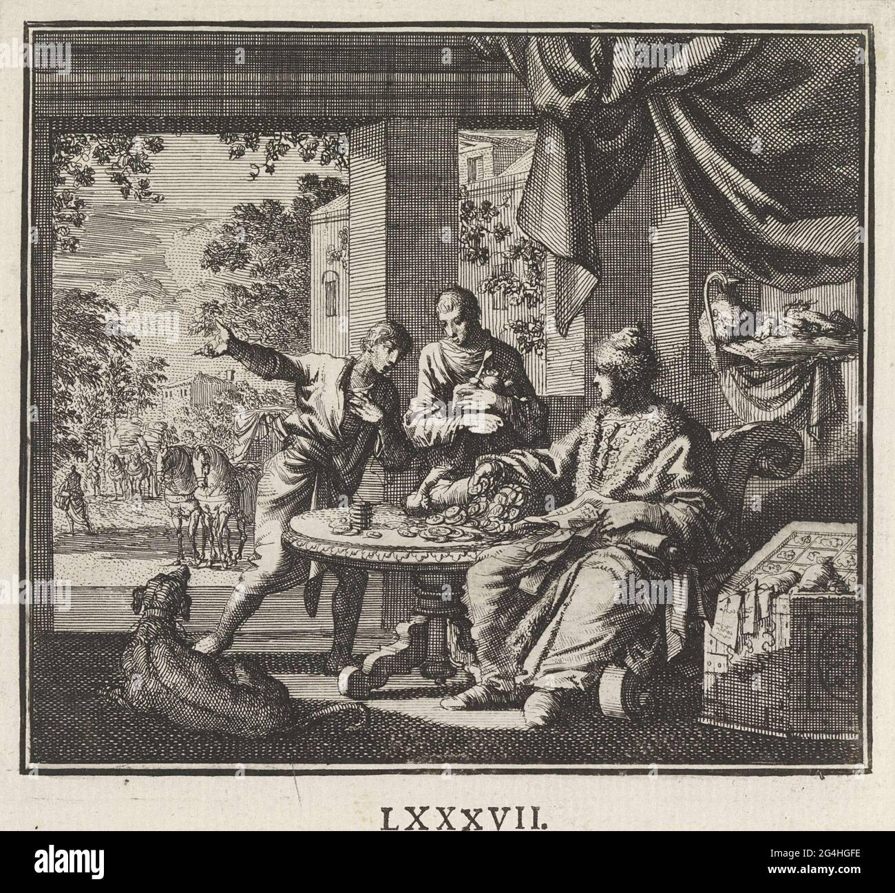 . Interior of a house. A richly dressed man has money to count on a ...