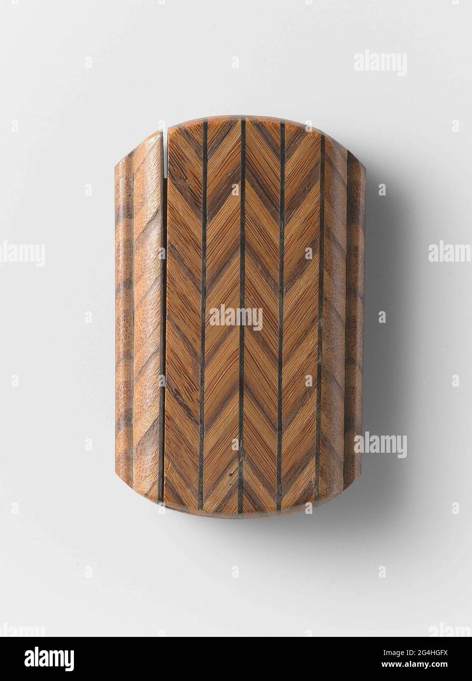 . Flat box with rounded corners and a folding side. There are five ...