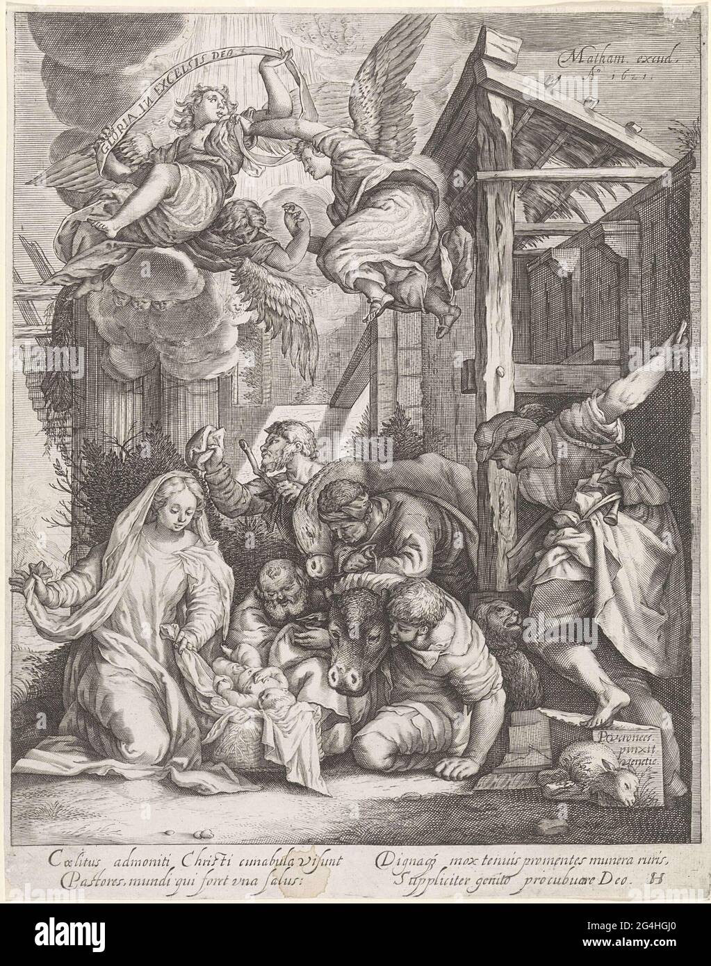 . Worship of the shepherds. Three angels with a banderole in the air ...