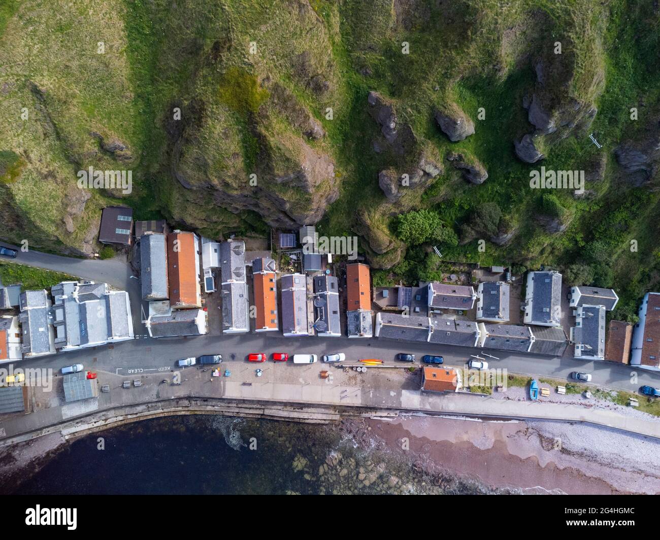 Aerial view from drone of village of Pennan on Moray Firth coast in ...