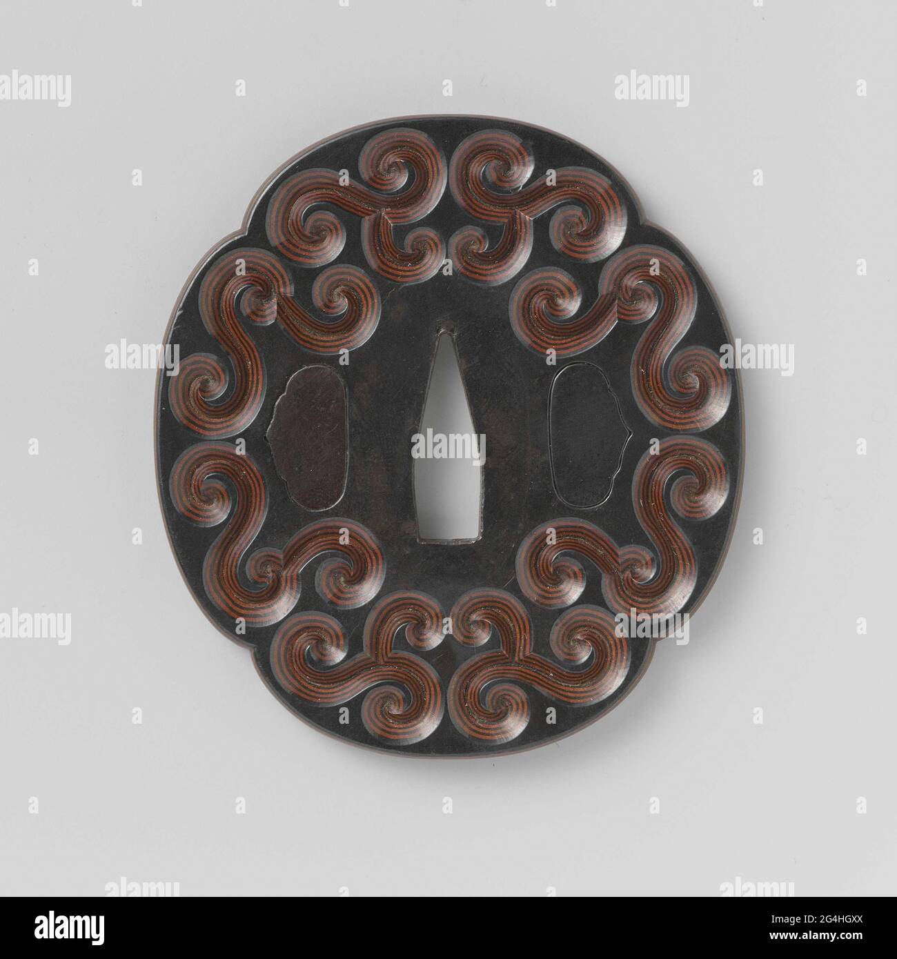 . Mokko-shaped tsuba, made up of 17 layers of alternating shakudo and ...