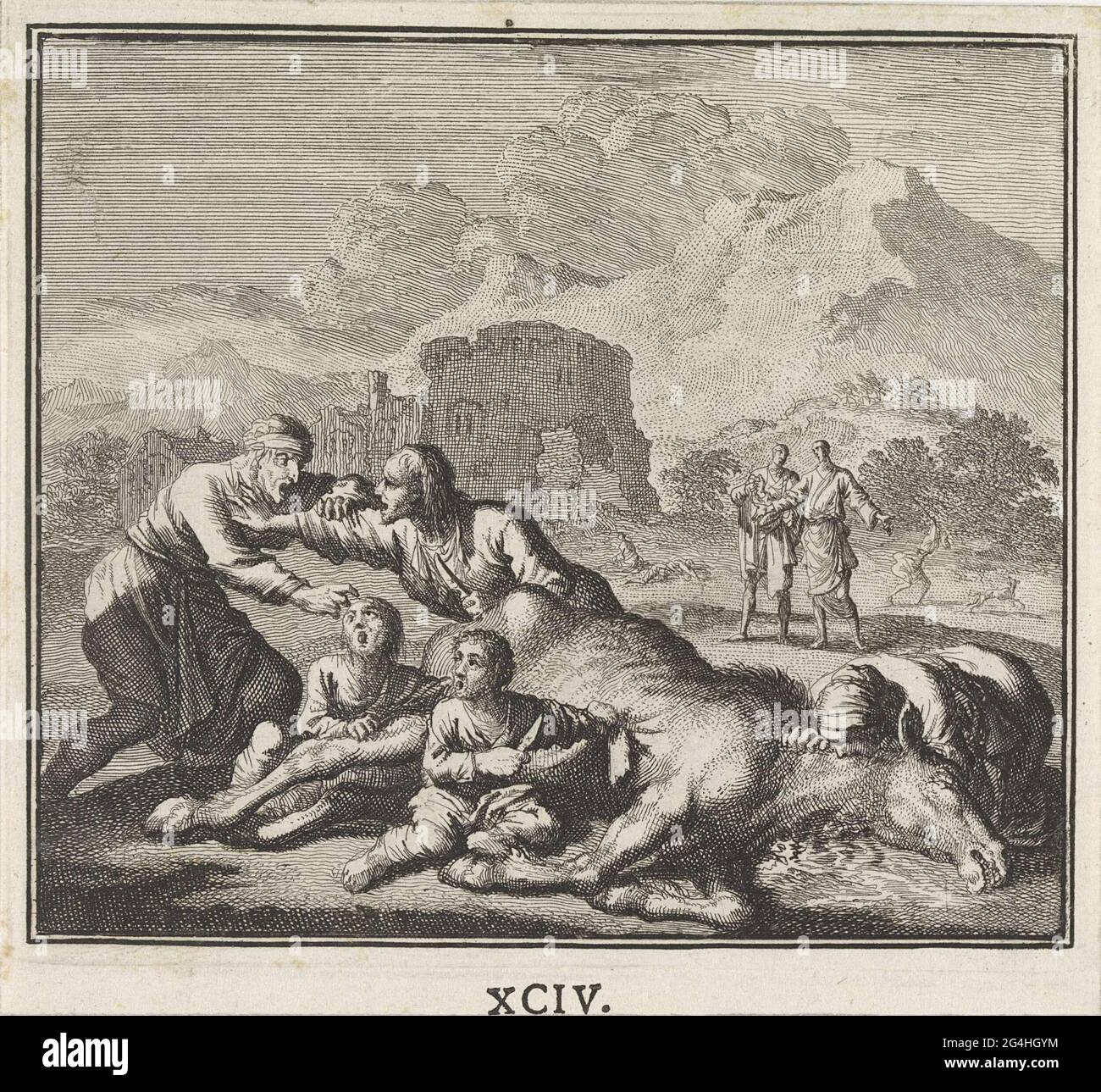. A landscape with ruins in the background. In the foreground is a dead ...