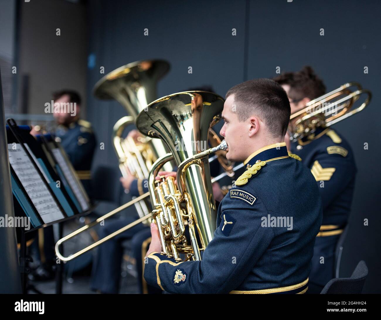 London, UK. 21st June, 2021. The RAF Music band performs during the ...