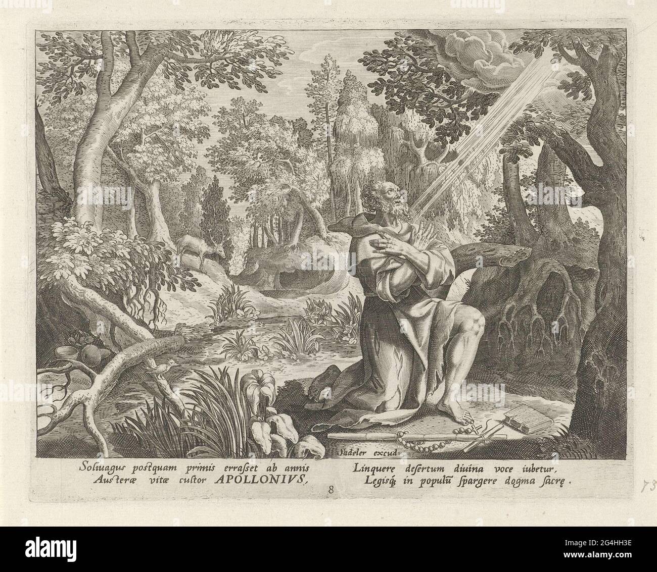 . The early Christian recluse Apollonius is kneeling in a forest ...