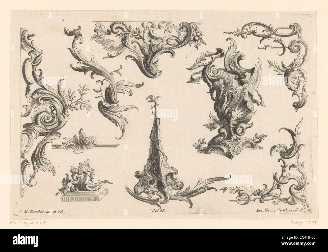 Rocaille motifs. Rocaille ornaments with leaf motifs. In the middle a ...