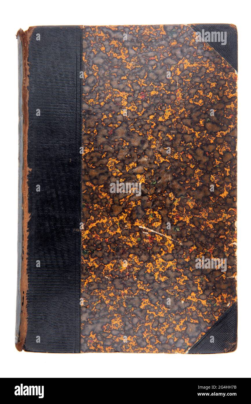 Antique book with scratches on the front cover isolated on white ...
