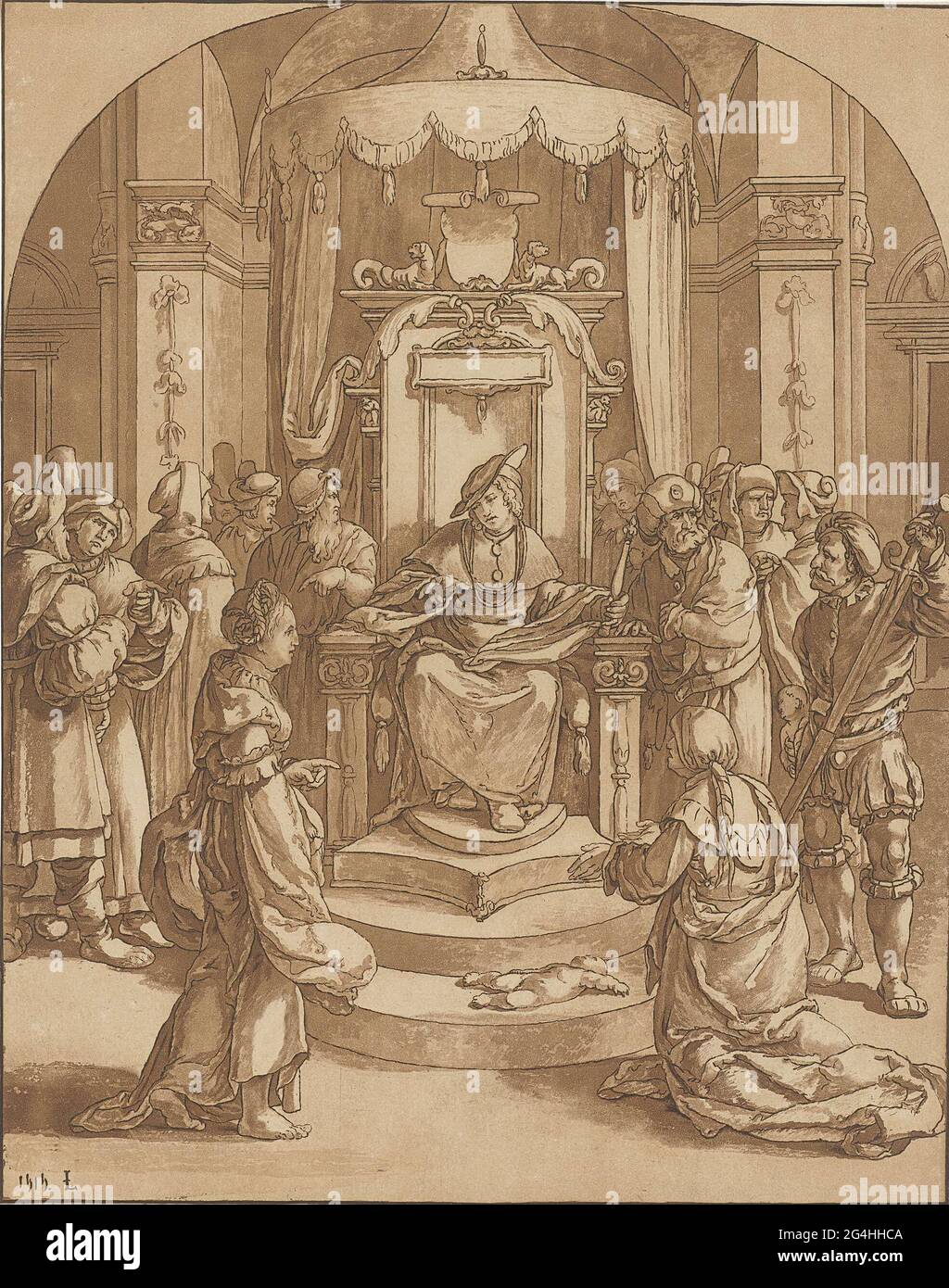 . King Solomon sits on his throne and velt his judgment. He gives the ...