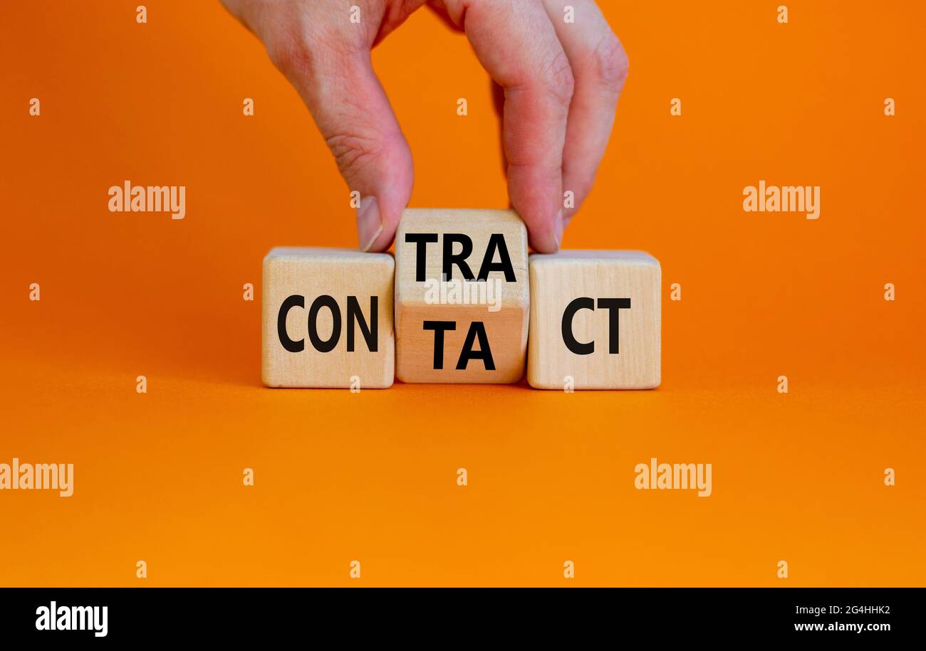 From contact to contract symbol. Businessman turns the wooden cube and ...